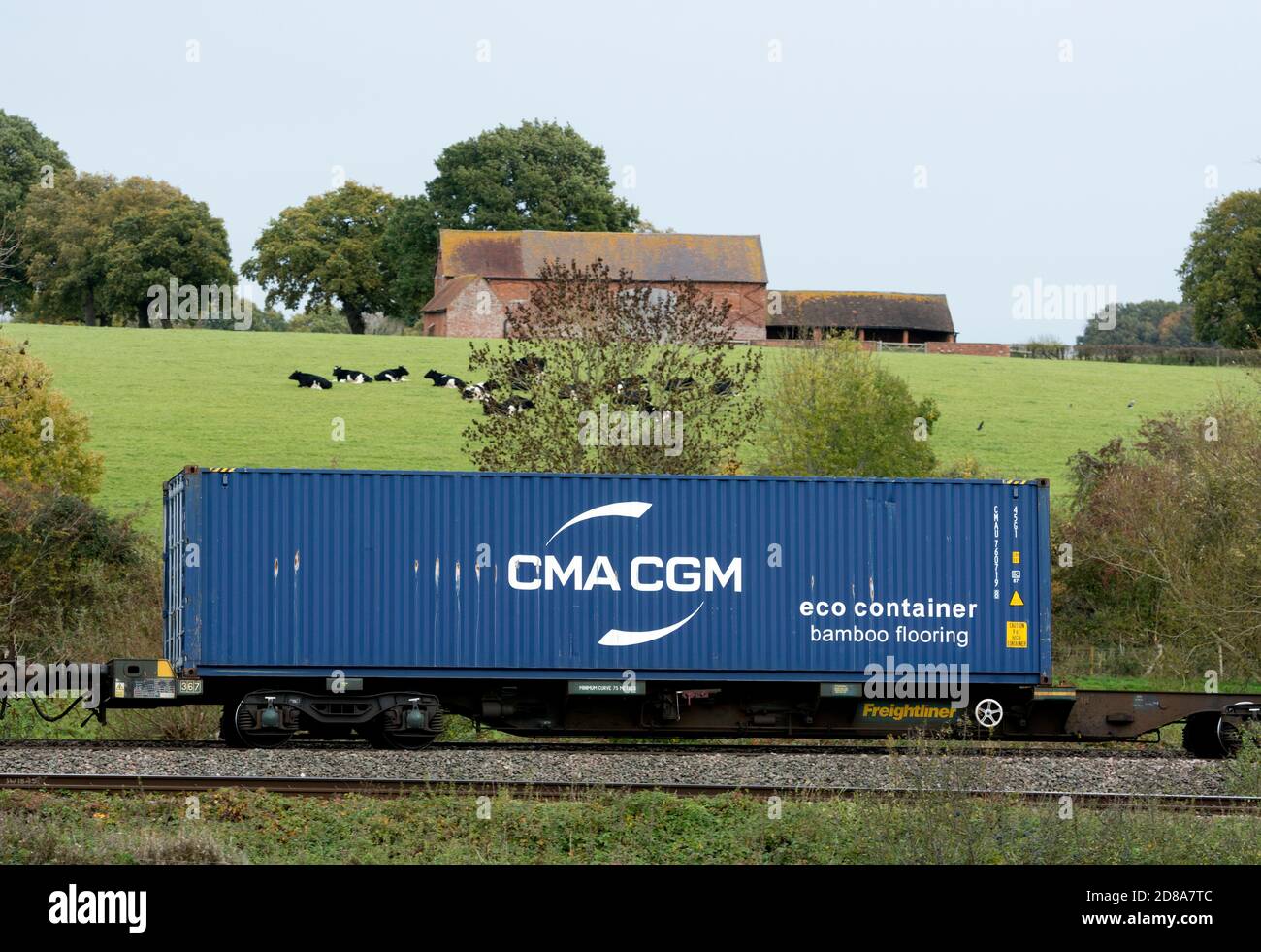 CMA CGM shipping container on a freightliner train, Warwickshire, UK ...