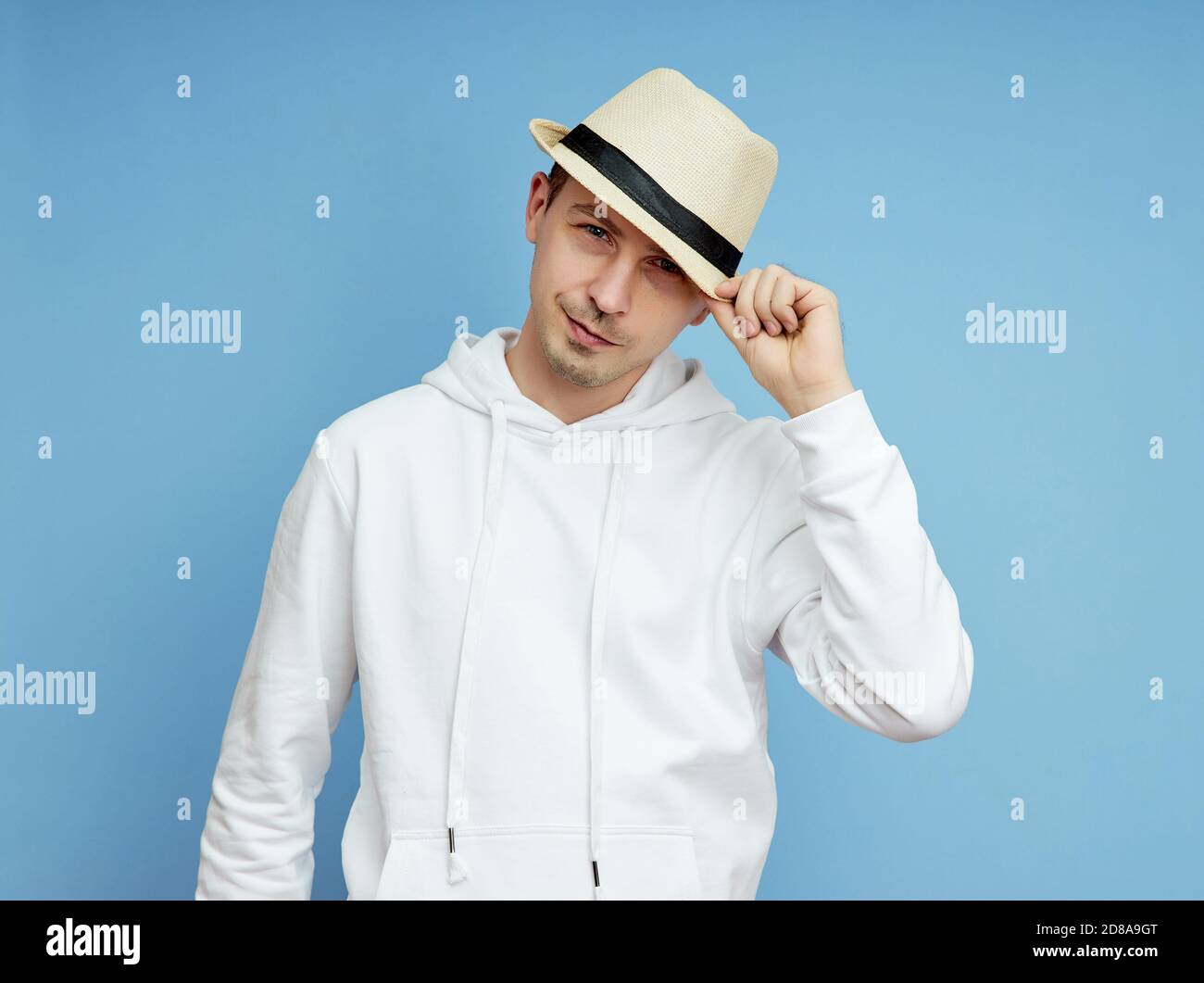 Portrait of a man in a hat, smile and cheerful emotions on his face ...