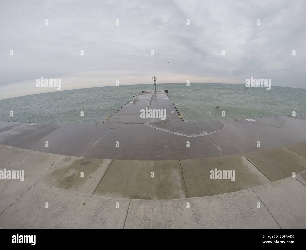 Fish-eye view of the Lake Michigan, Chicago, US under the gloomy sky ...