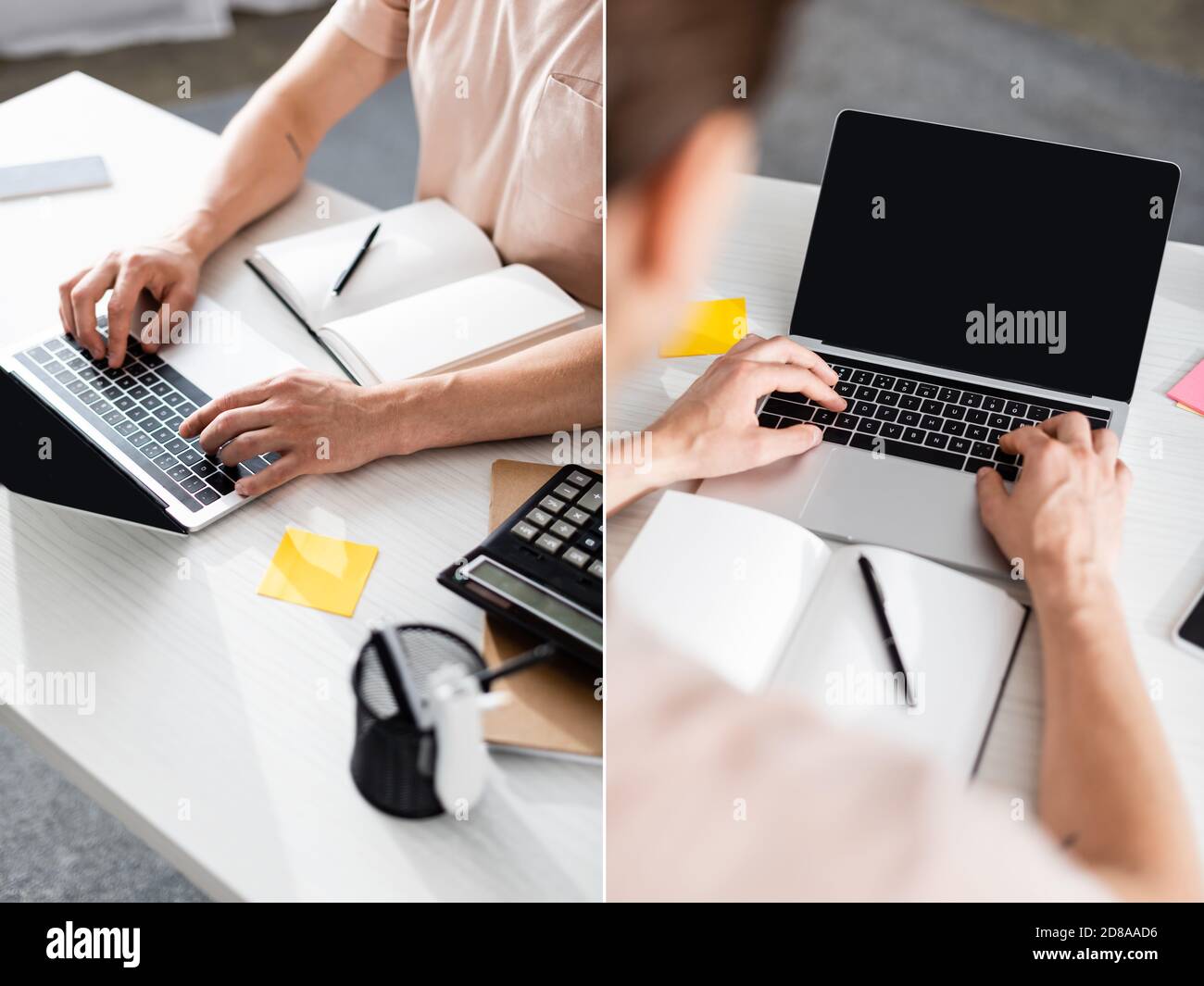 Collage of teleworker typing on laptop with blank screen on table with ...