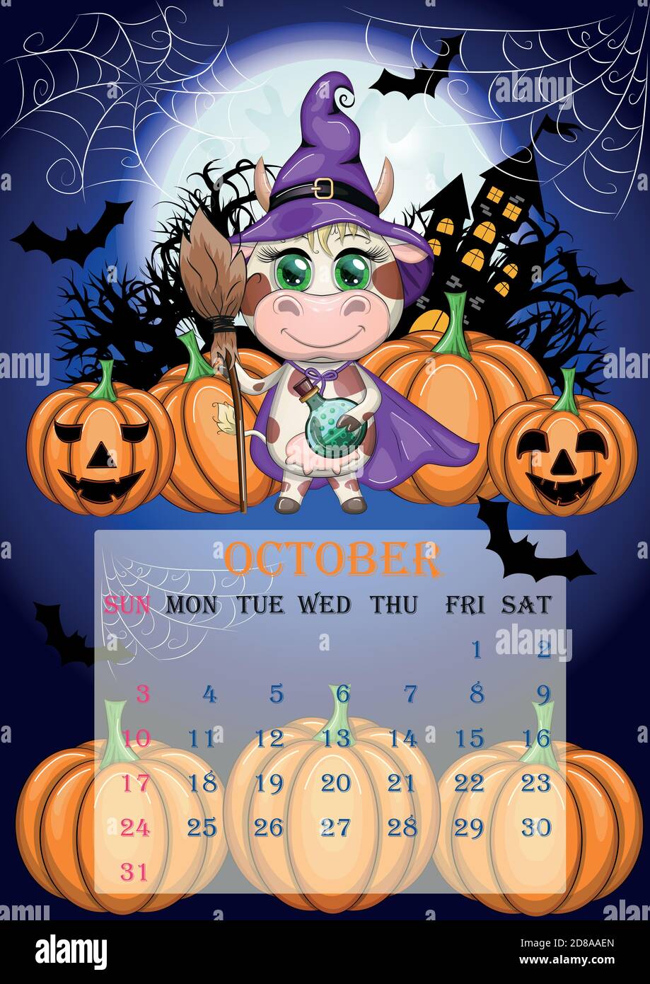 Calendar 2021. Cute bull and cow for every month Stock Vector Image ...