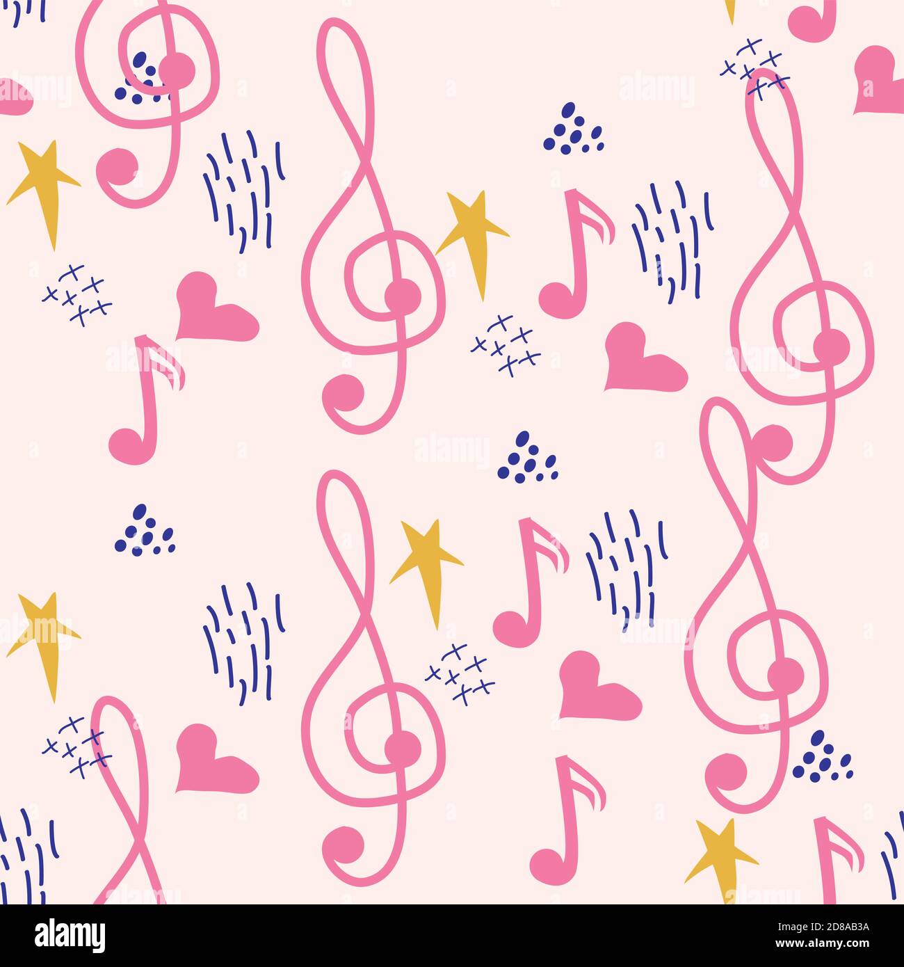 Treble clef, notes, heart, stars, abstract elements seamless pattern in ...