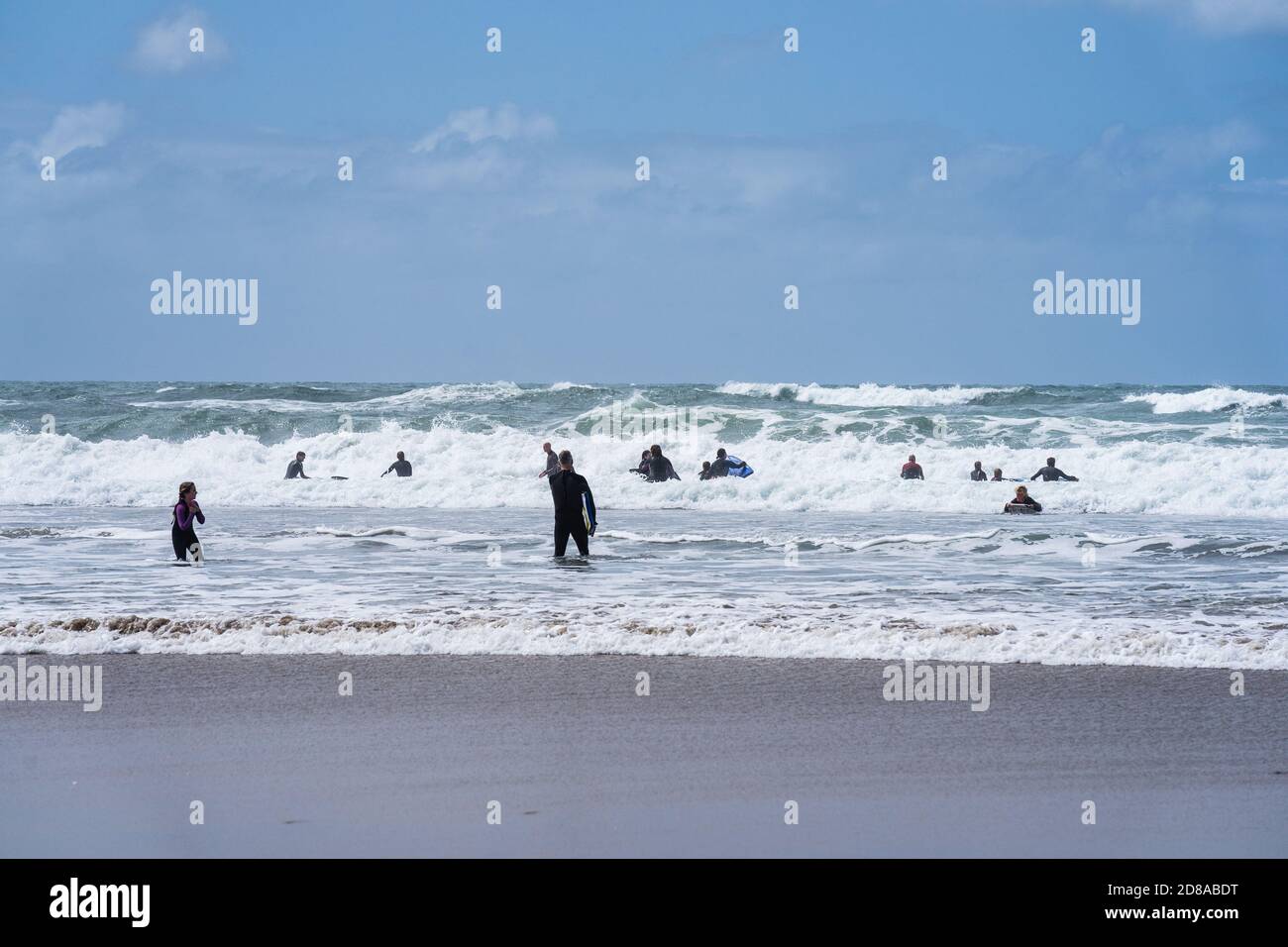 Bude, Cornwall UK July 6 2020. Summerleaze beach provide some fun waves ...