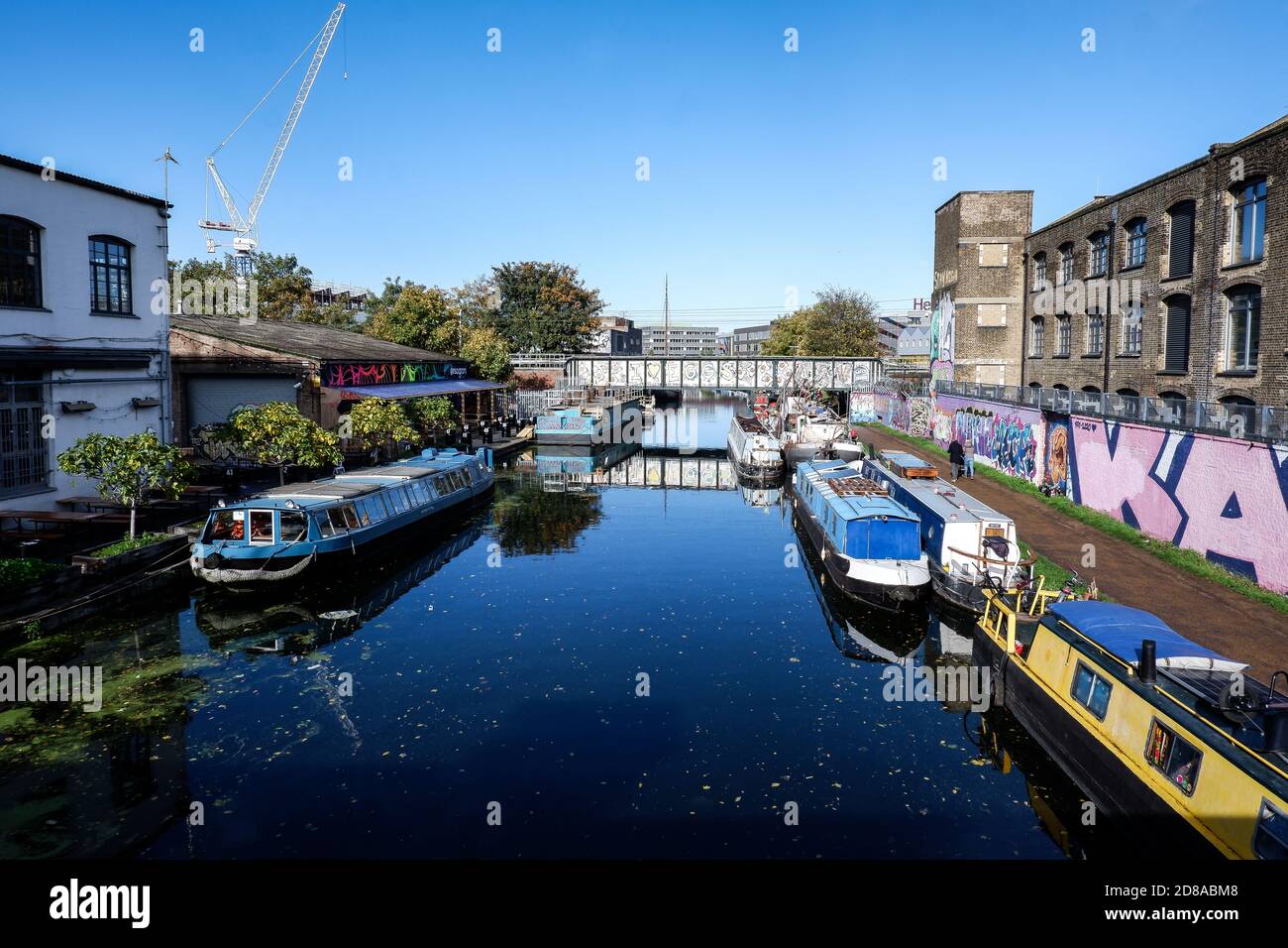 Boats on the River Lea Navigation canal and Crate Brewery in Hackney ...