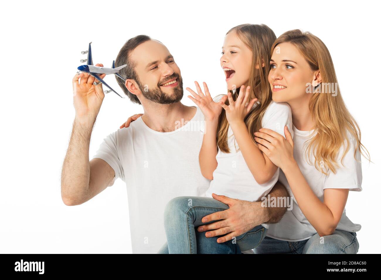 happy smiling family with plane model isolated on white Stock Photo - Alamy