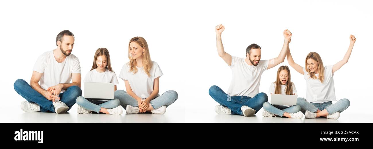 collage of excited parents sitting on floor near happy daughter with ...