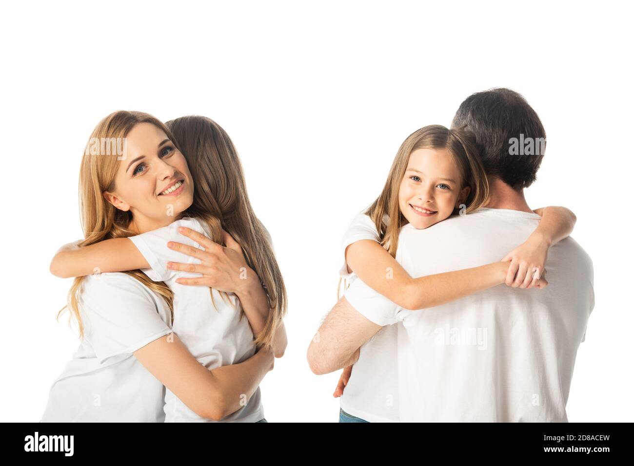collage of daughter hugging mother and father isolated on white Stock ...