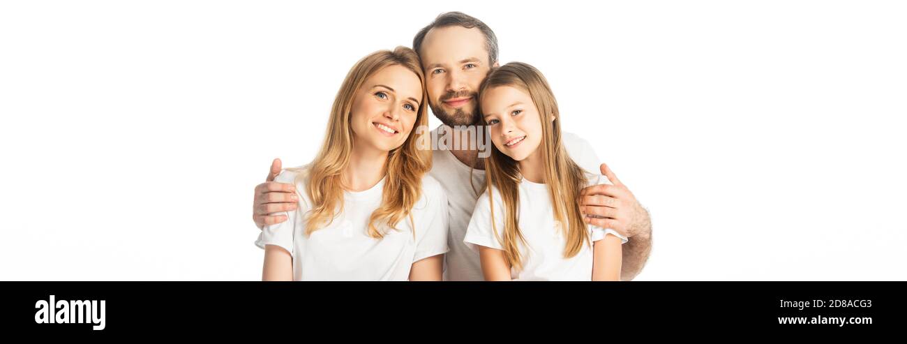 happy family embracing isolated on white, panoramic shot Stock Photo ...