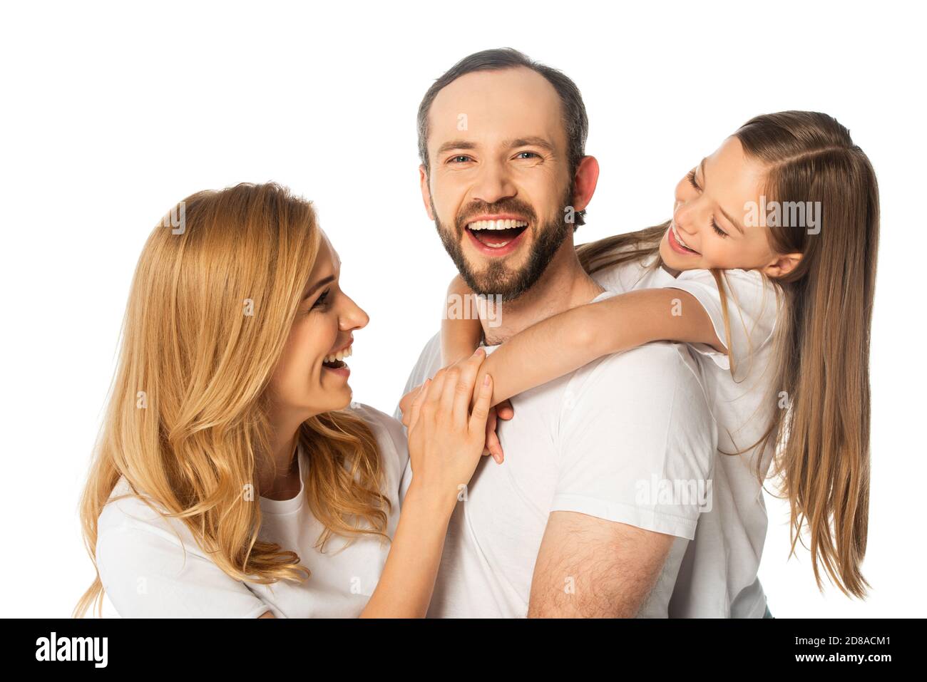 happy family in white t-shirts hugging isolated on white Stock Photo ...