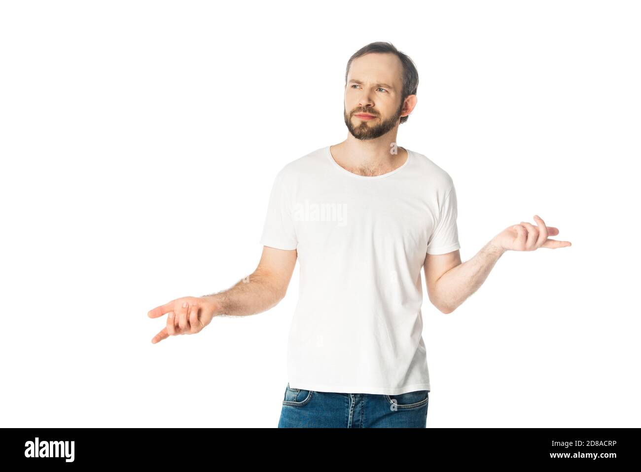 confused man showing shrug gesture isolated on white Stock Photo - Alamy