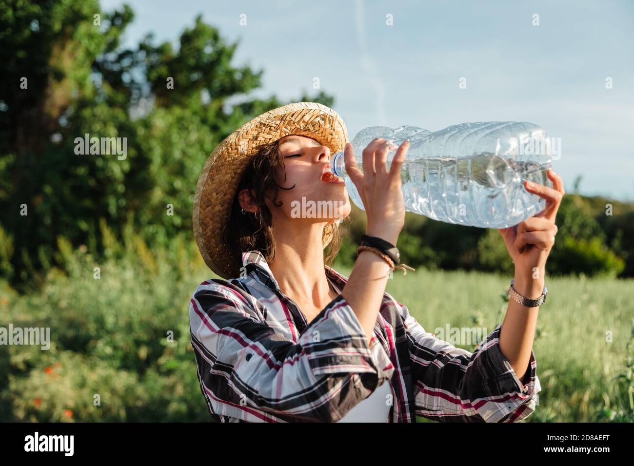 Farmer woman drinking water from plastic bottle during harvesting paddy ...
