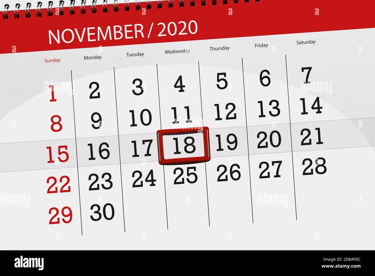 Calendar planner for the month november 2020, deadline day, 18 ...