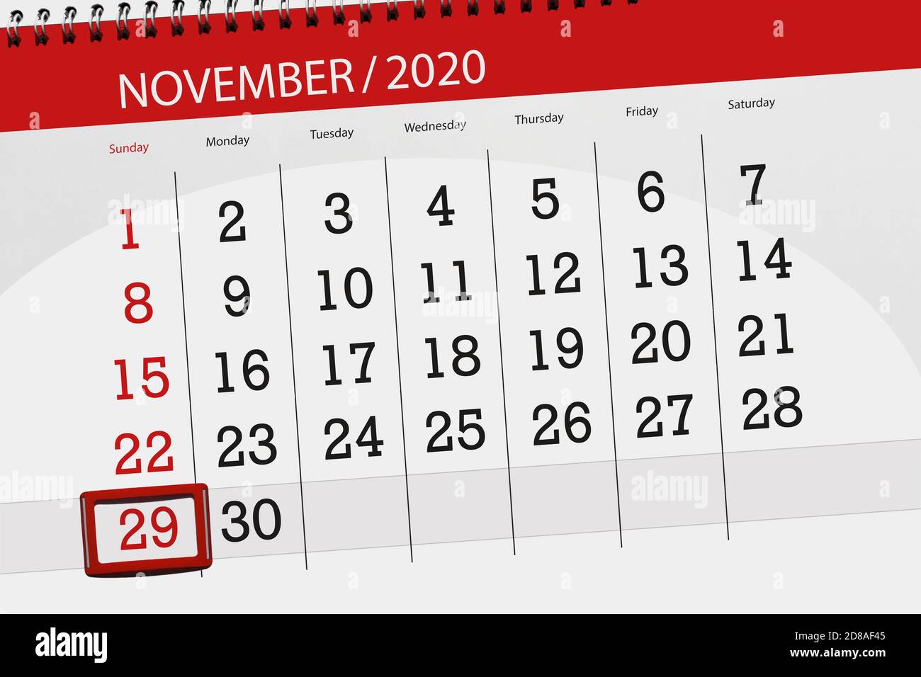 Calendar planner for the month november 2020, deadline day, 29, sunday ...