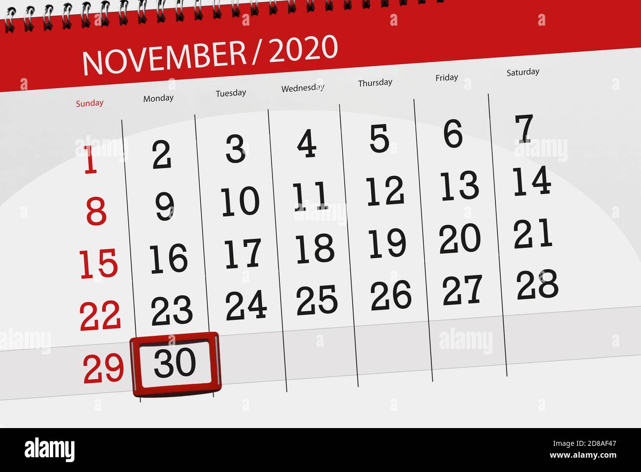 Calendar planner for the month november 2020, deadline day, 30, monday ...