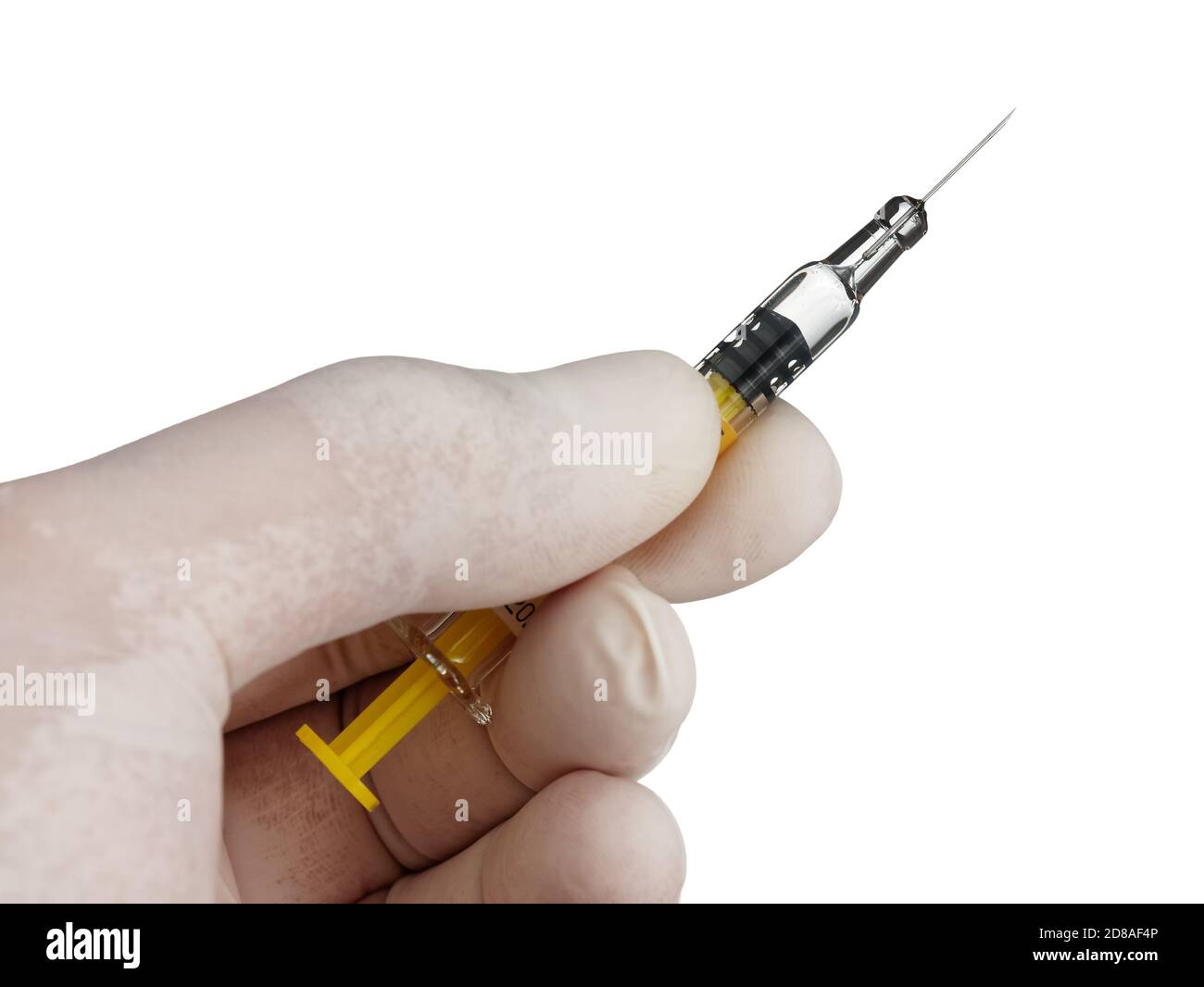 Closeup doctor hand in rubber latex medical glove holding transparent ...