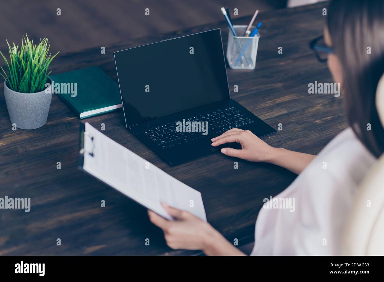 Close-up profile side view portrait of her she focused busy lady stay ...