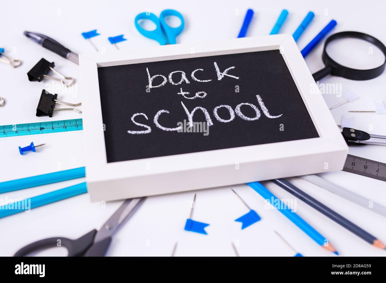 Back to school background with white frame, colorful pencils, square ...