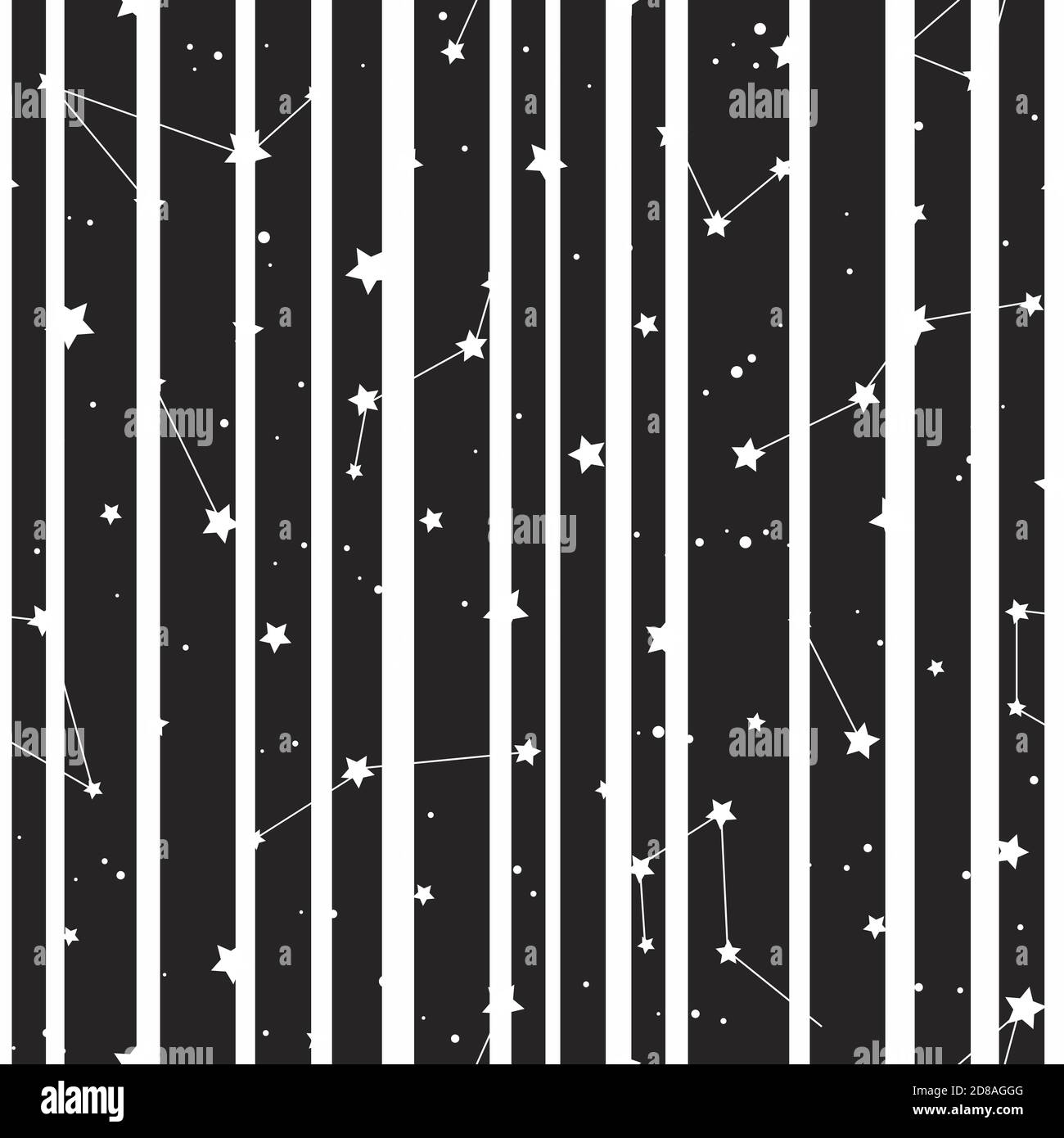 Seamless pattern with white constellations and stars on black stripy ...