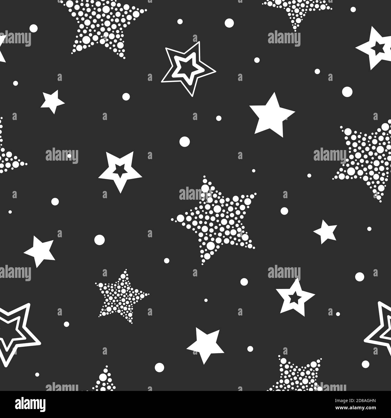 Seamless cute pattern with white stars made of dots and circles on ...