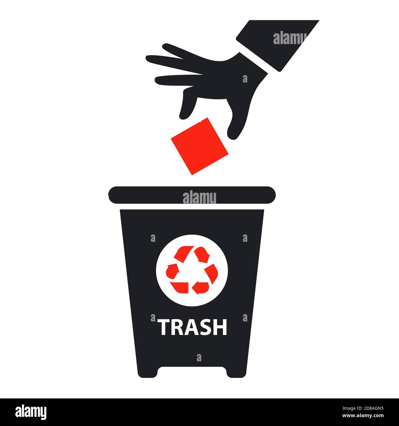 hand throws trash into container. flat vector icon isolated on white ...