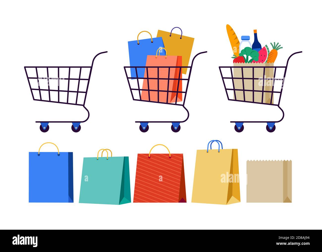 collection of shopping carts. Empty cart, with shopping bags and ...