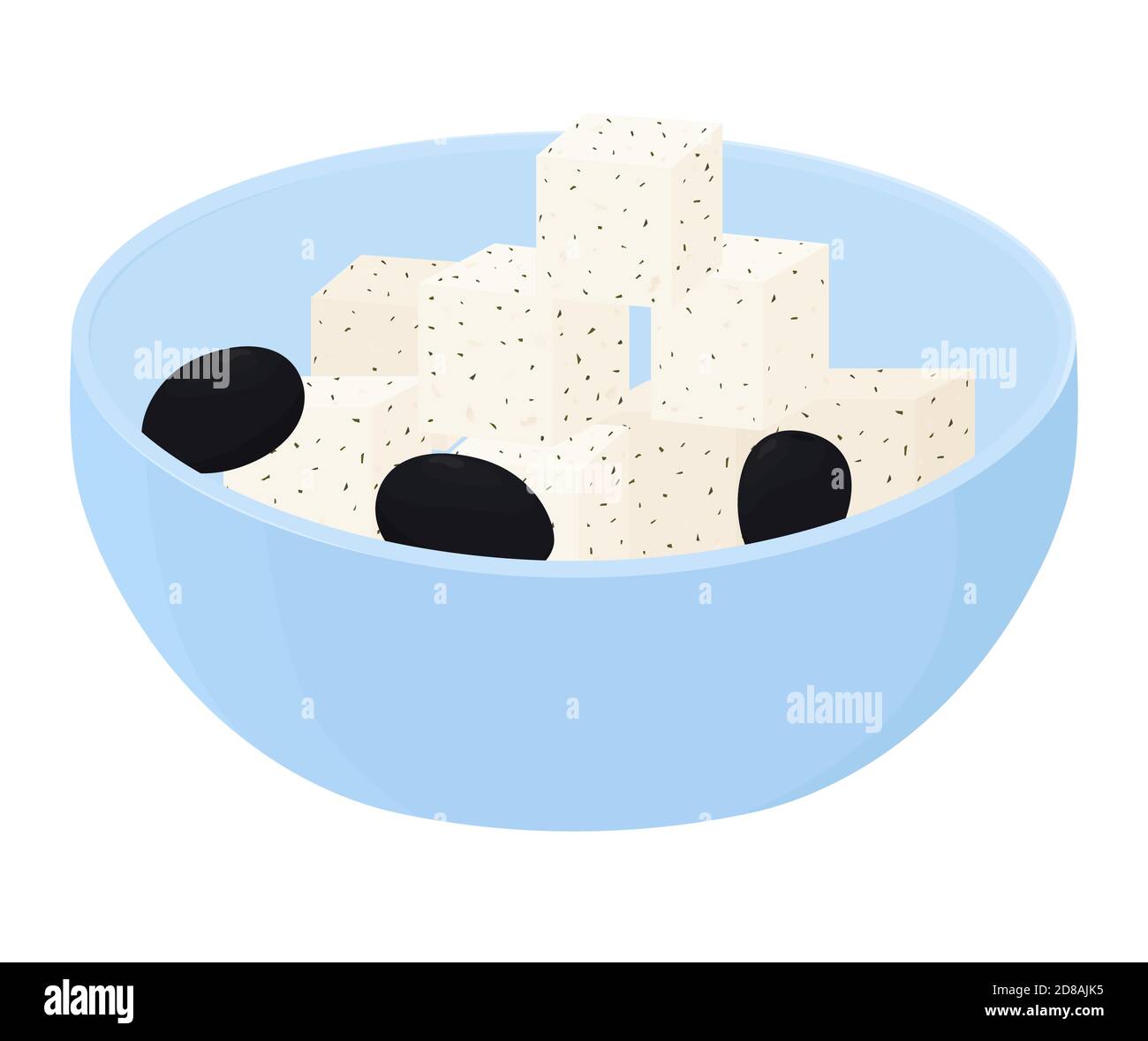 Feta soft spicy cheese with black olives in blue bowl. Greek ...