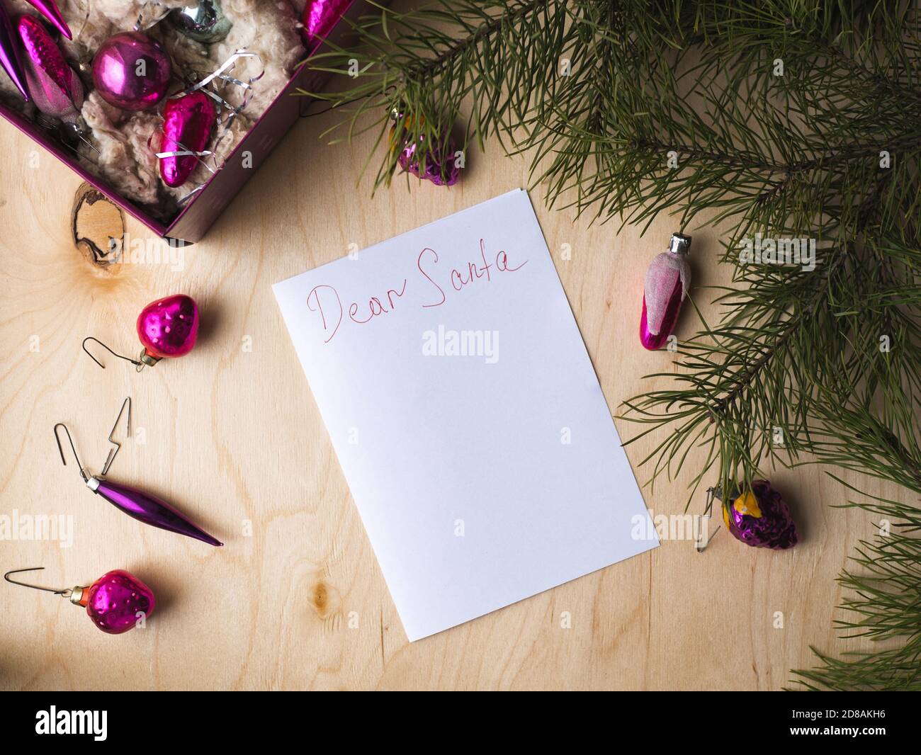 Letter to Santa Claus and old vintage Christmas tree ornaments Stock ...