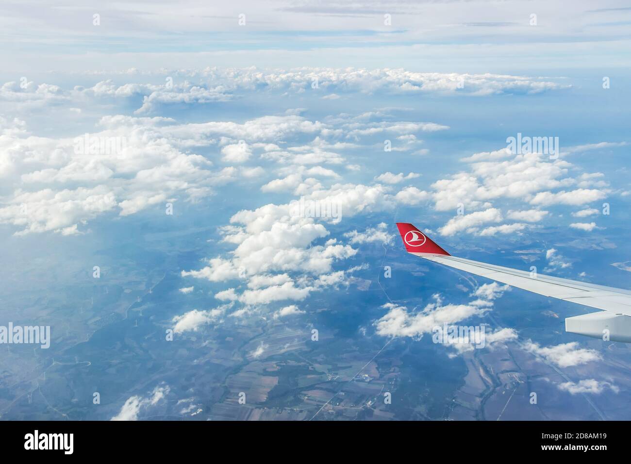 Turkish airplane wing in blue sky Stock Photo - Alamy