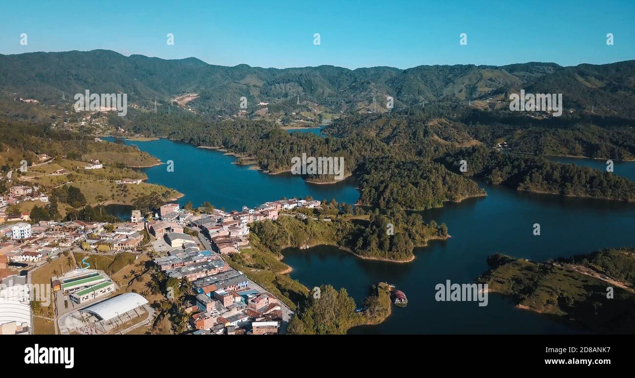 Aerial view of the beautiful river and landscape in El Penol in Guatape ...
