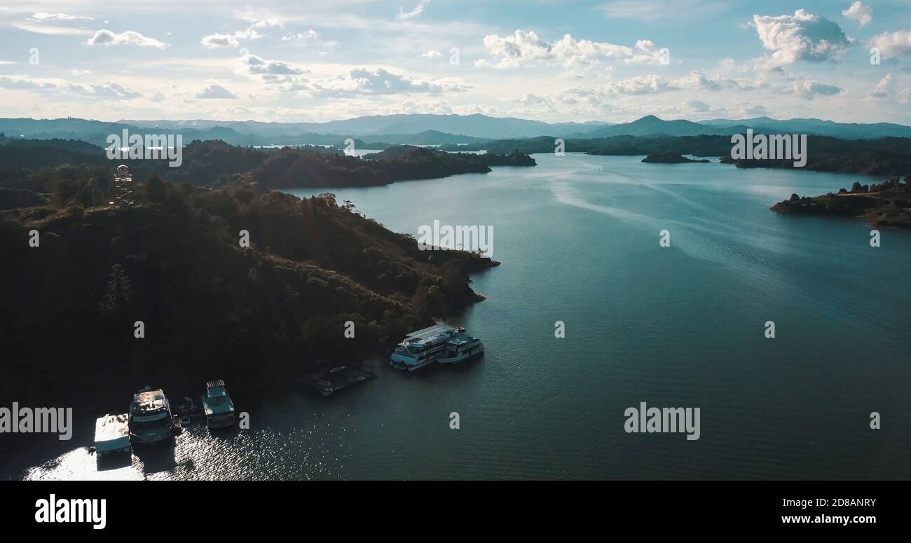 Aerial view of the beautiful river and landscape in El Penol in Guatape ...