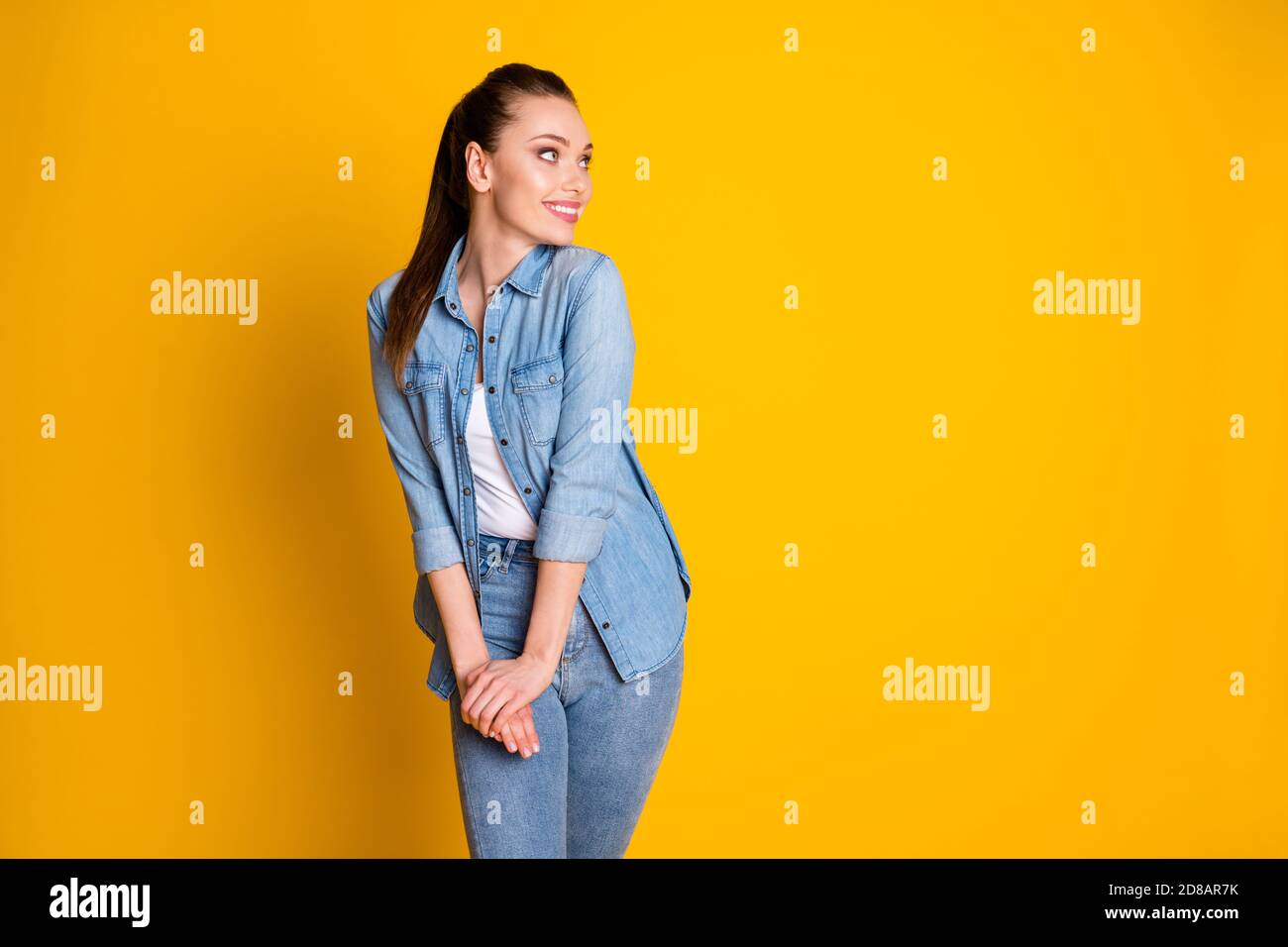 Photo of pretty nice girl look copyspace wear casual style clothes ...