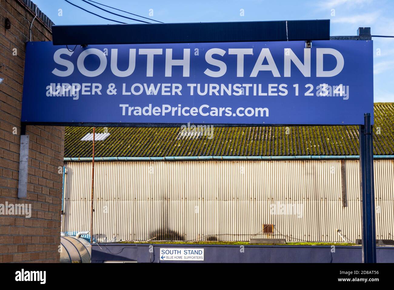 South Stand sign at Roots Hall football ground of Southend United ...