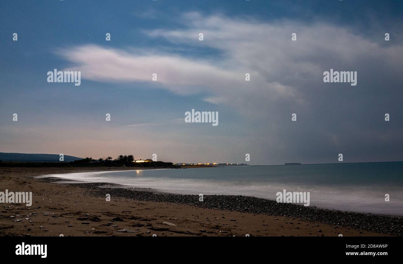 Sandy and pebble beach of the Mediterranean Sea, shot in calm weather ...