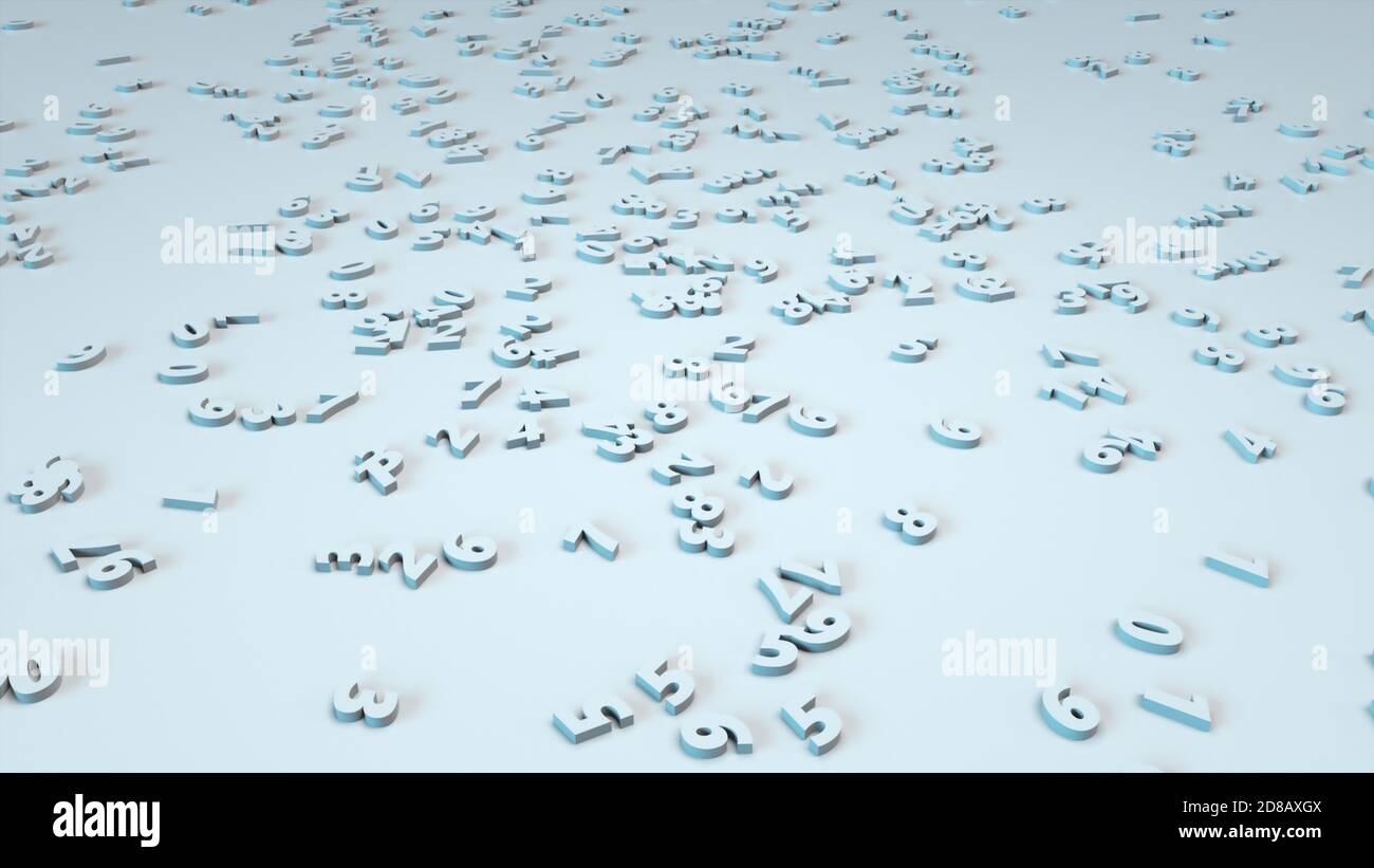 Randomly scattered numbers on a flat surface, computer generated. 3d ...