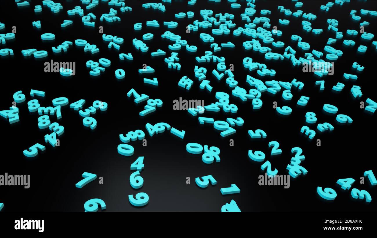 Randomly scattered numbers on a flat surface, computer generated. 3d ...