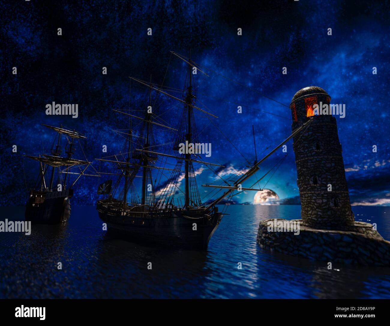 Pirate sailship near the old lighthouse with fire at moonlight - 3d ...