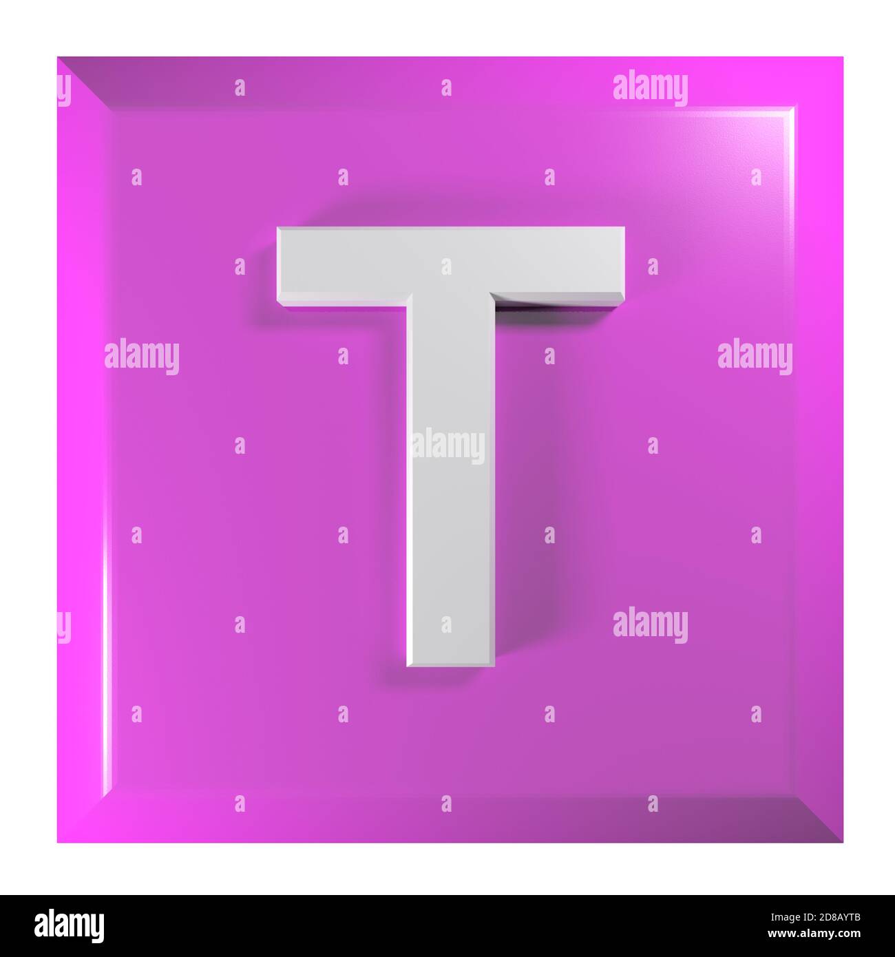 Pink square push button with the alphabetic letter T - 3D rendering ...
