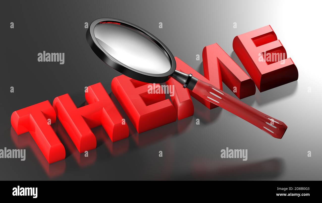 Magnifier over red write THEME on black glossy background - 3D ...