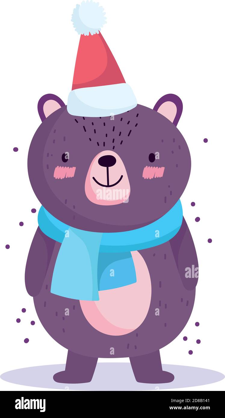 merry christmas, cute bear with santa hat and scarf cartoon vector ...