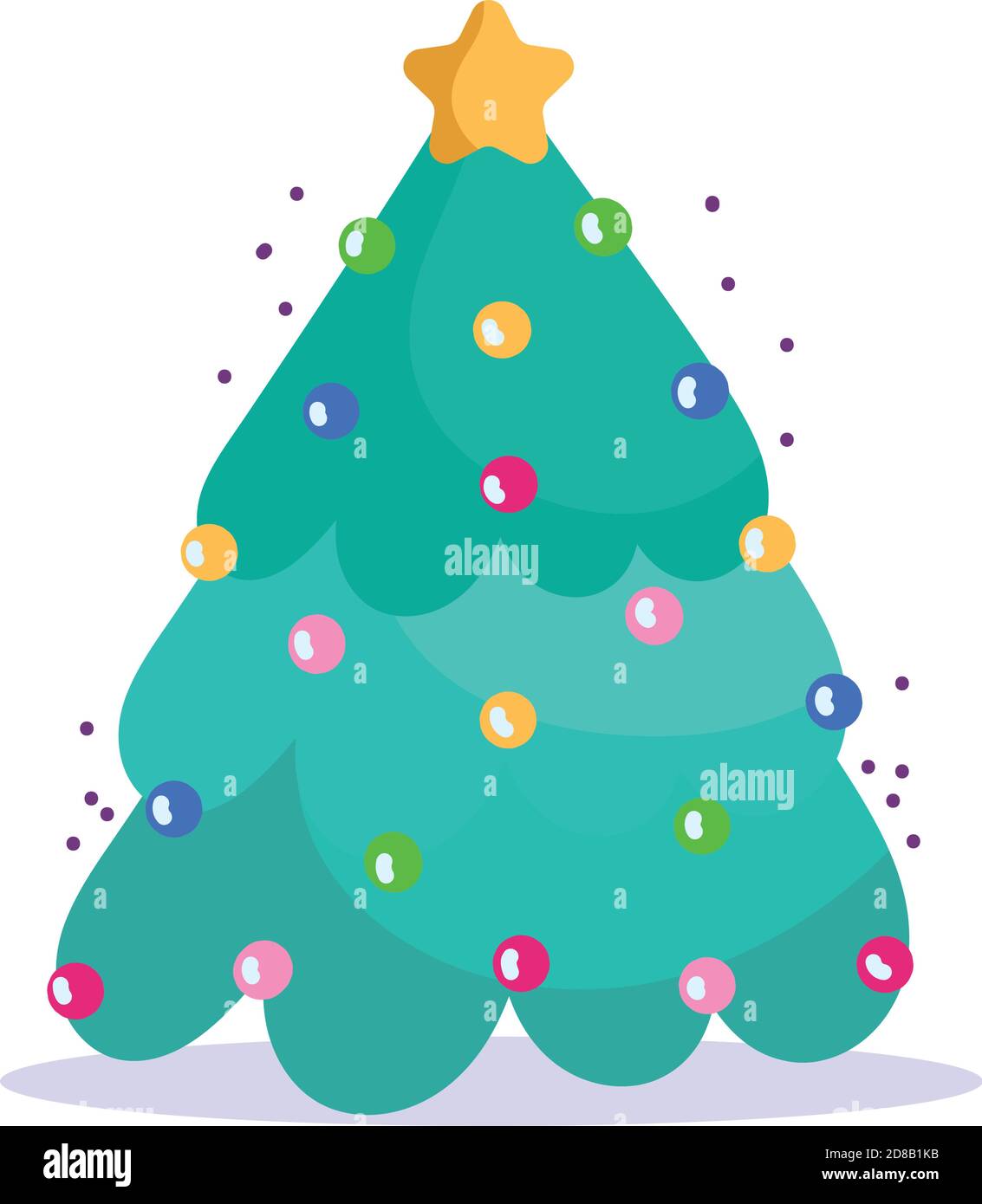 merry christmas, decorative tree and balls cartoon vector illustration ...