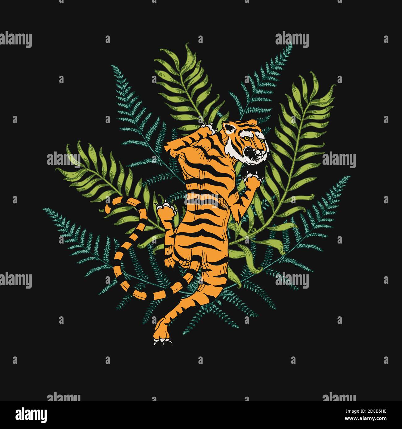 Japanese tigers with tropical leaves. Wild animal with green plants ...