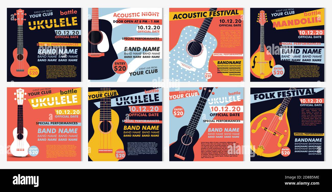 Musical posters. Guitar and ukulele banner for the festival. Vintage ...