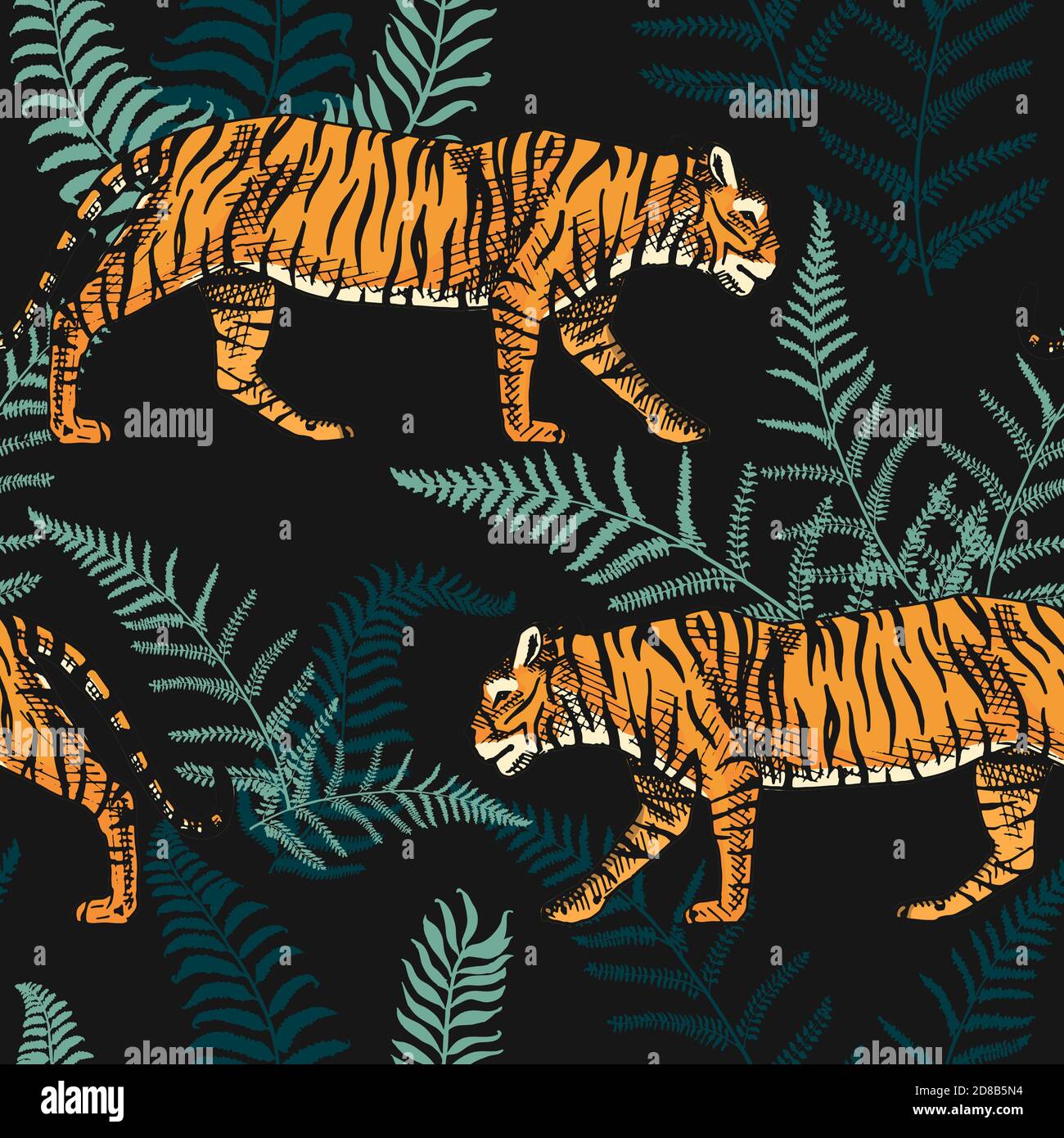 Japanese tigers with tropical leaves. Wild animal with green plants ...