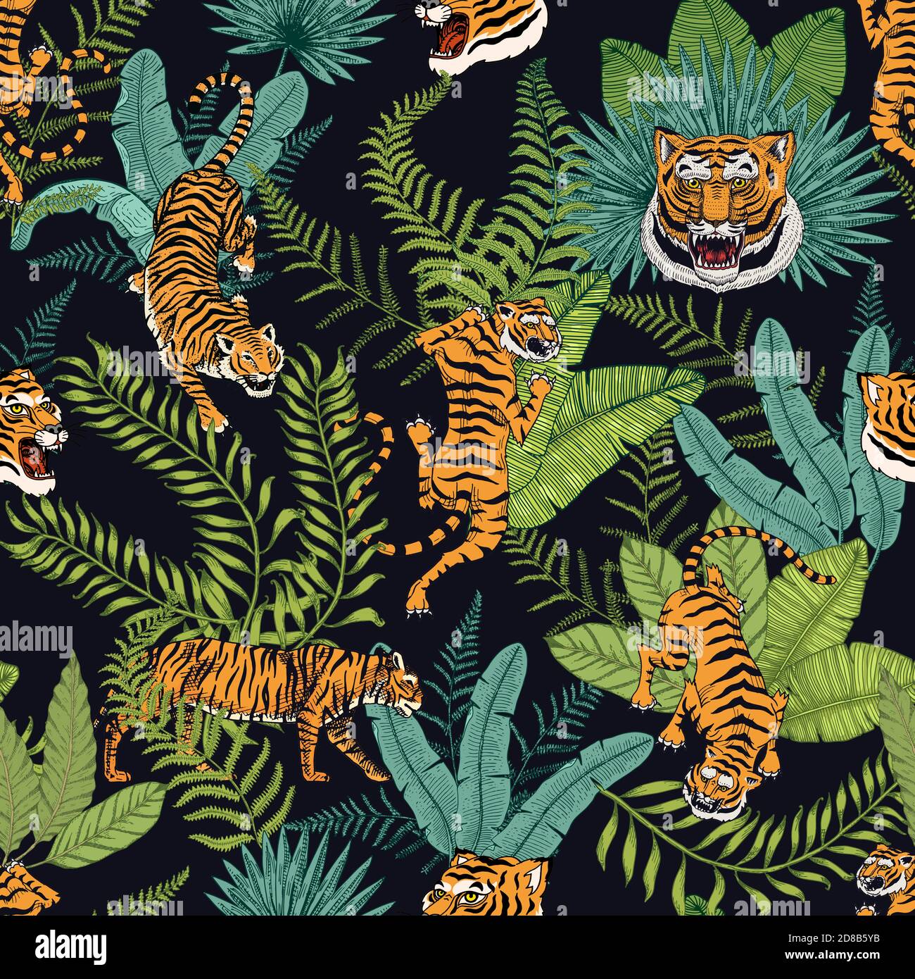 Japanese tigers with tropical leaves. Wild animal with green plants ...