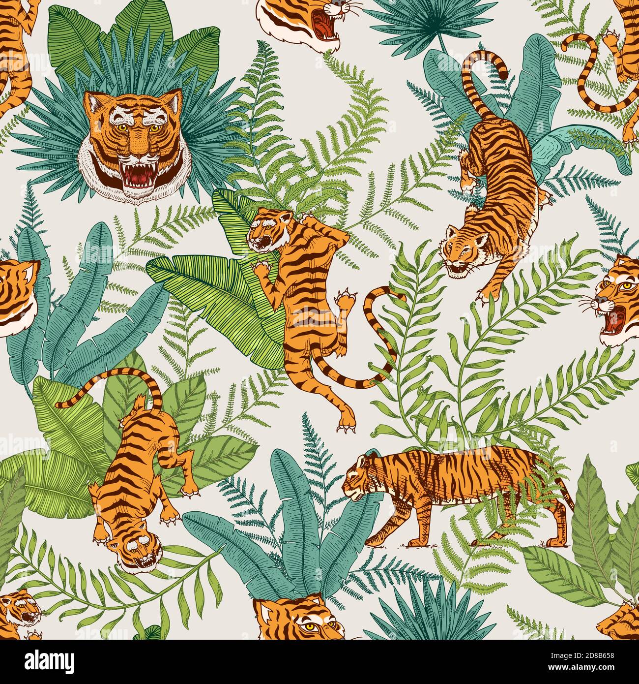 Japanese tigers with tropical leaves. Wild animal with green plants ...