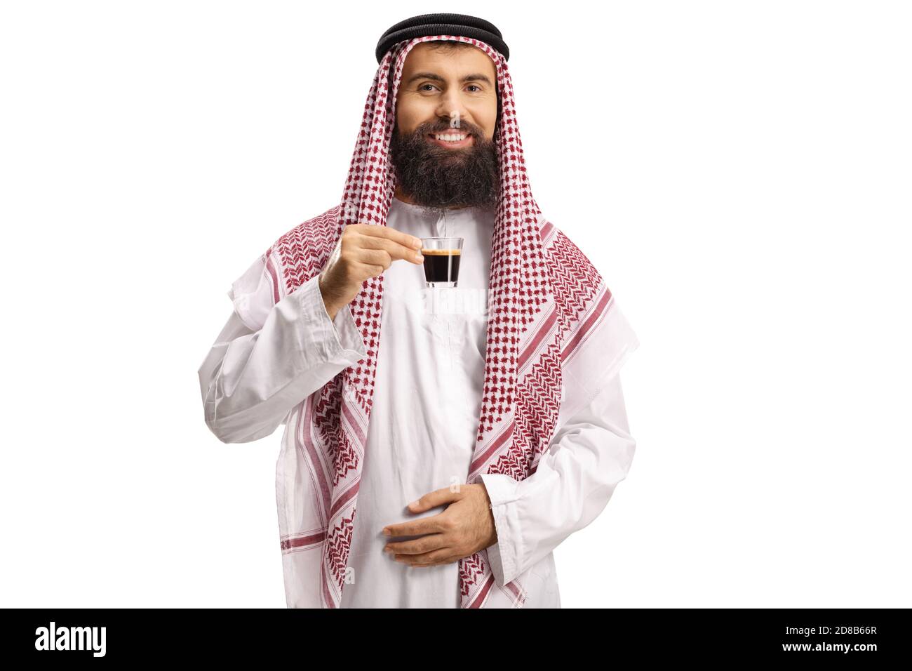 Smiling arab man in a thobe drinking espresso coffee isolated on white ...