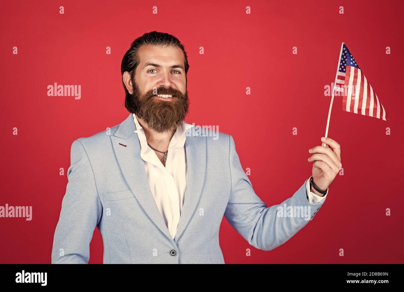 American man celebrate Independence day. Happy guy hold american flag ...