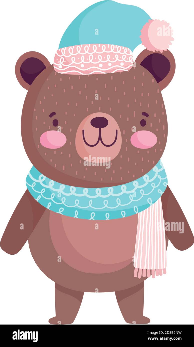 merry christmas, cute bear with hat and scarf animal cartoon vector ...