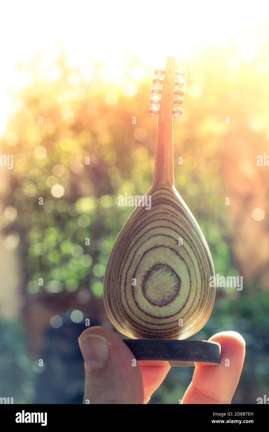Man's hand holding backside of mini classic stringed musical instrument ...