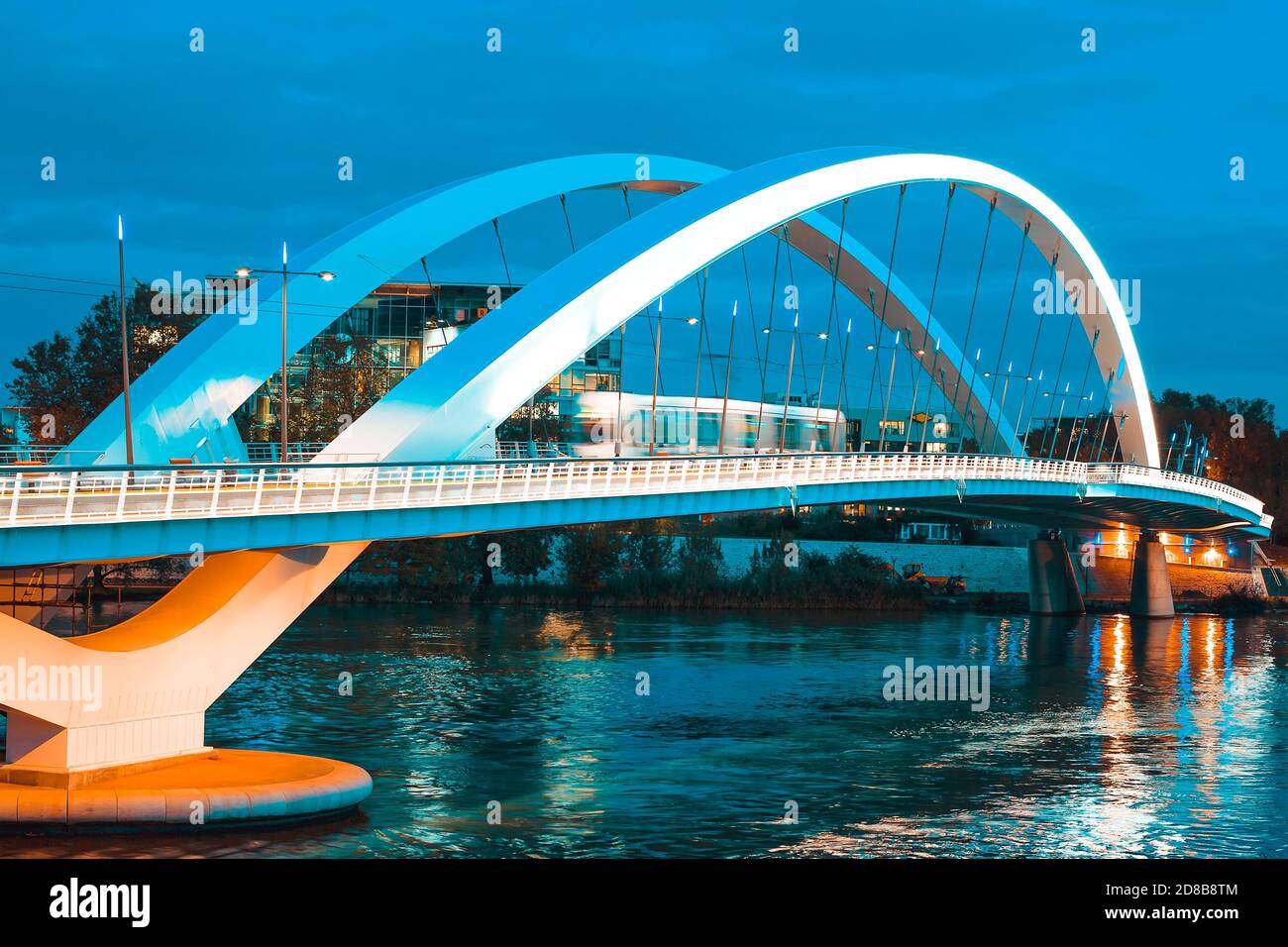 Tramway crossing the bridge at night, Lyon, France Stock Photo - Alamy
